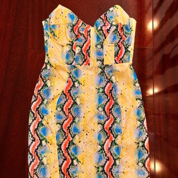 PrettyLittleThing | Dresses | Neon Snakeprint Leather Strapless Mini ...